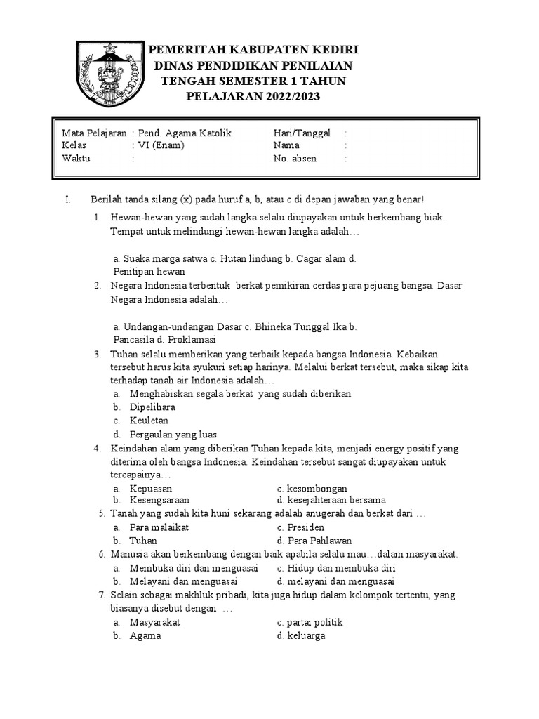 PTS SMT 1 Kelas 6 TH Ajaran 2022-2023 | PDF