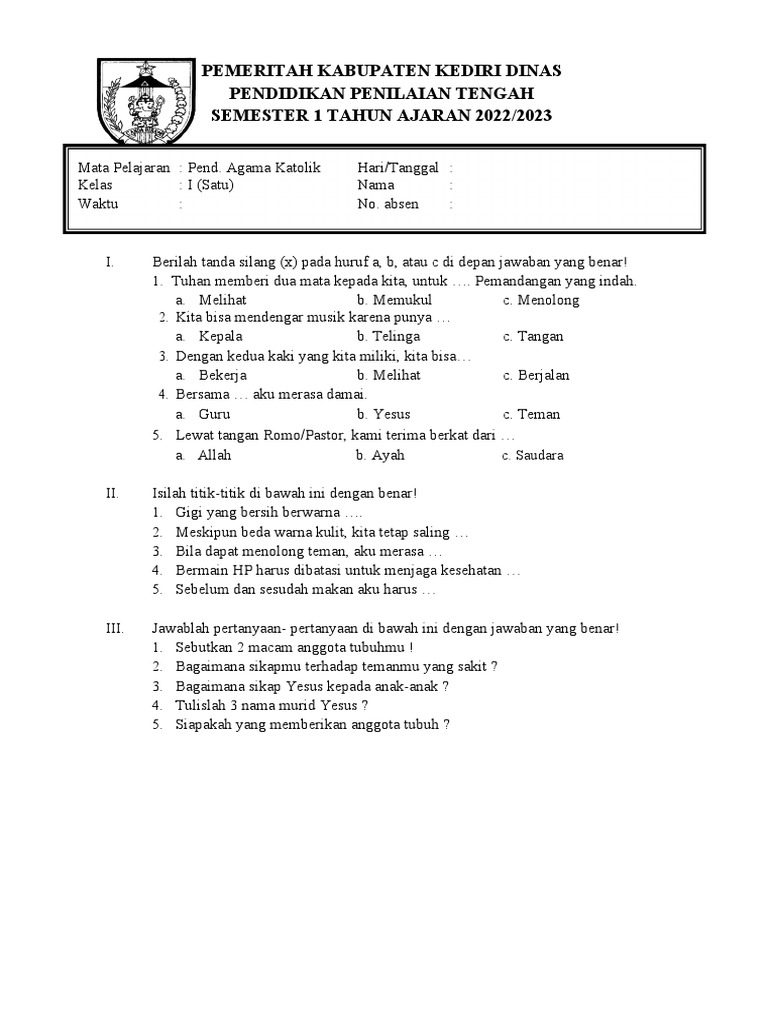 PTS SMT 1 Kelas 1 TH Ajaran 2022-2023 | PDF