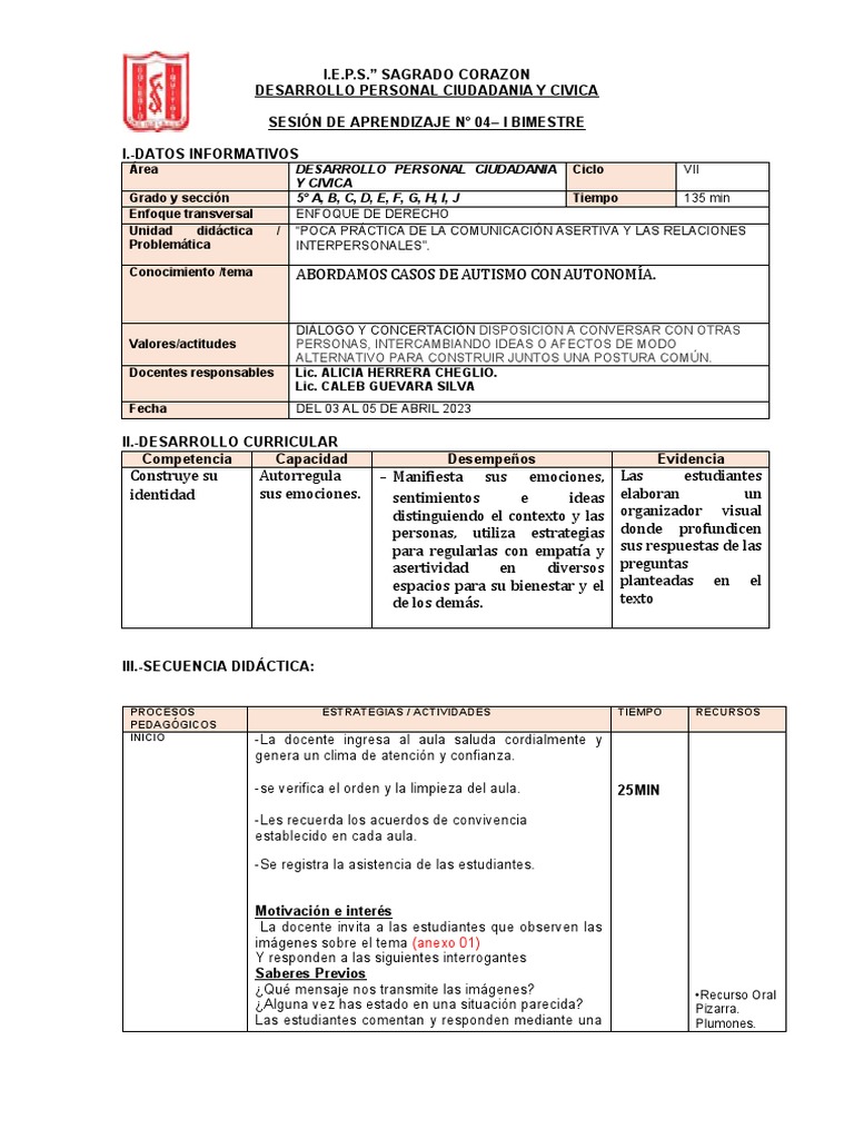 DPCC - 5to - U1 - Sesion 04 | PDF | Espectro autista | Comportamiento