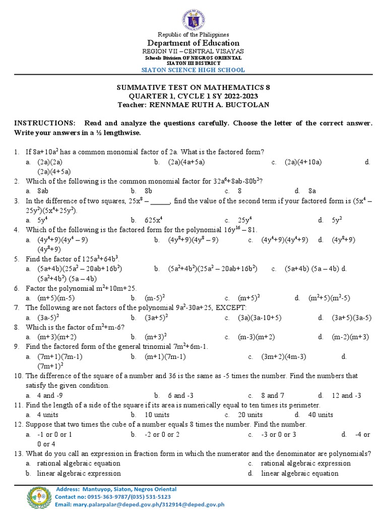 Q1, C1 Grade 8 Mathematics | PDF | Factorization | Numbers