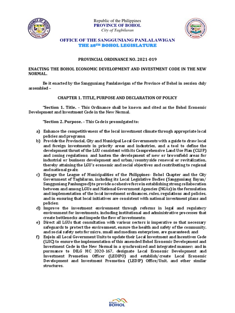 Ordinance 2021 019 Bohol Economic Development and Investment Code 2021 ...