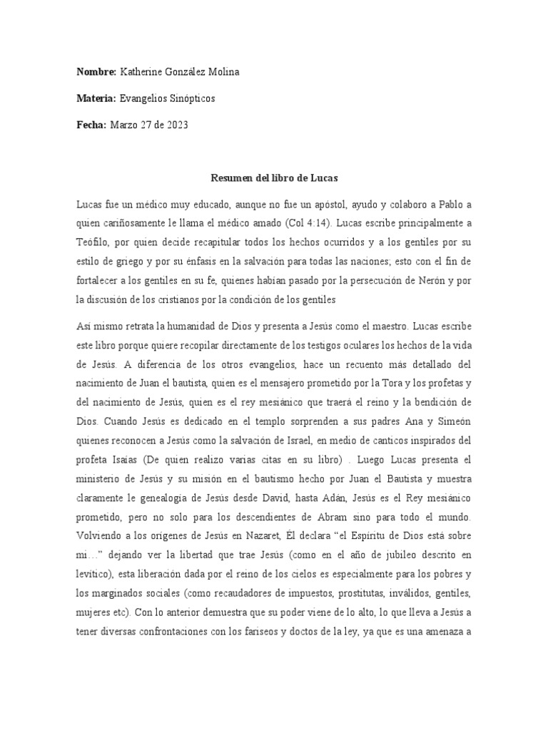 Resumen Del Libro de Lucas | PDF | Jesús | Evangelio De Lucas
