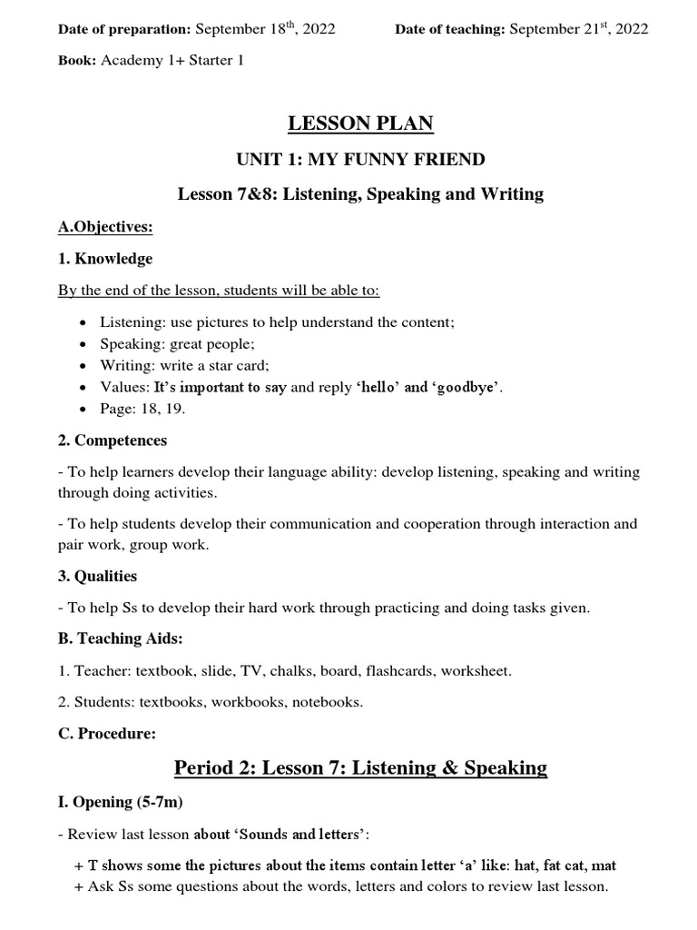 Lesson Plan: Unit 1: My Funny Friend Lesson 7&8: Listening, Speaking and Writing | PDF ...