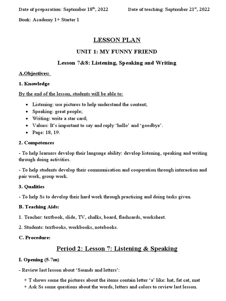 Lesson Plan: Unit 1: My Funny Friend Lesson 7&8: Listening, Speaking ...