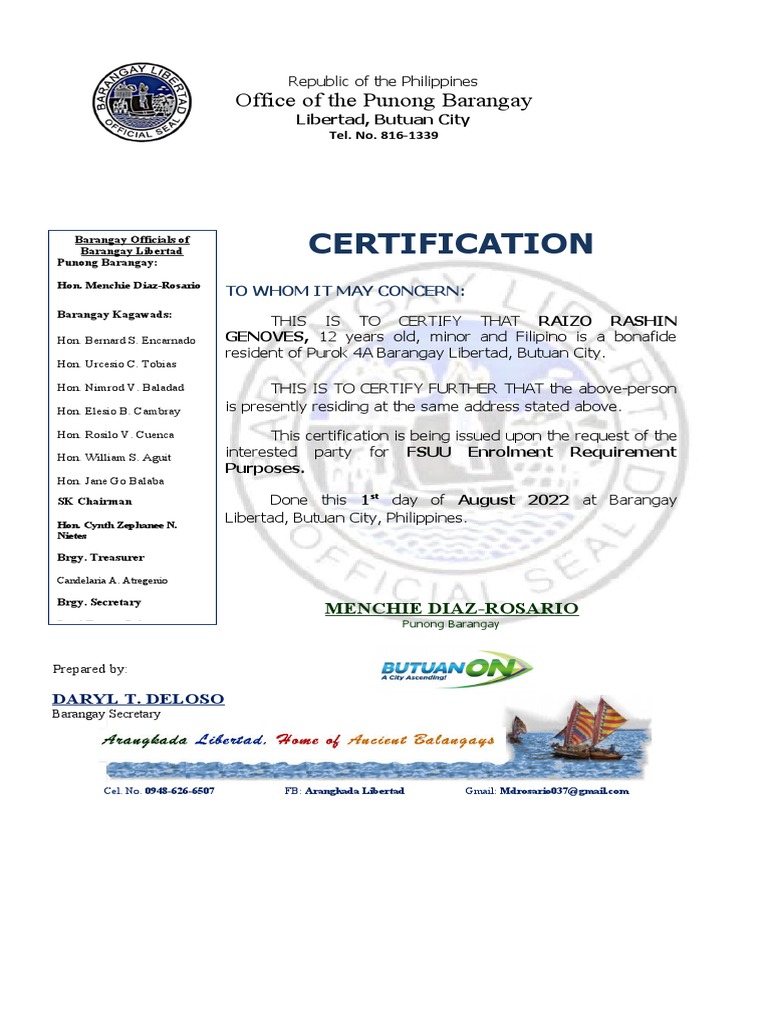 Barangay Residency Certificate - School Enrolment | PDF