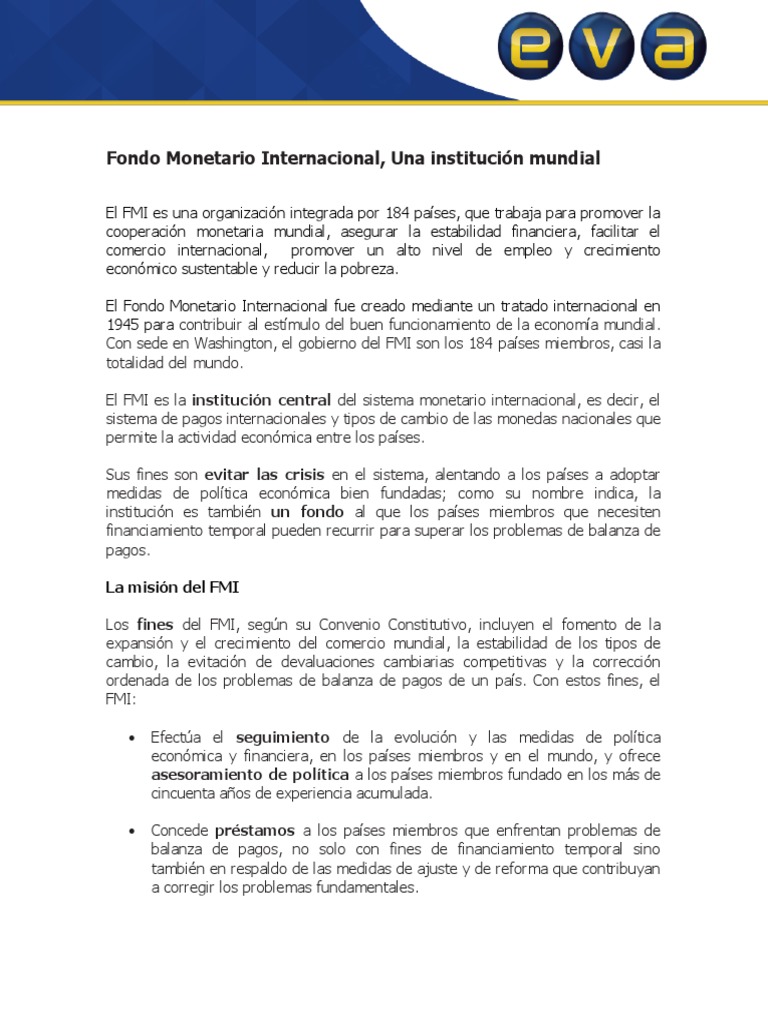 Fondo Monetario Internacional, Una Institución Mundial: La Misión Del FMI | PDF | Fondo ...
