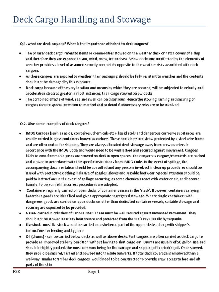 Deck Cargo Handling and Stowage: Q.1. What Are Deck Cargoes? What Is ...