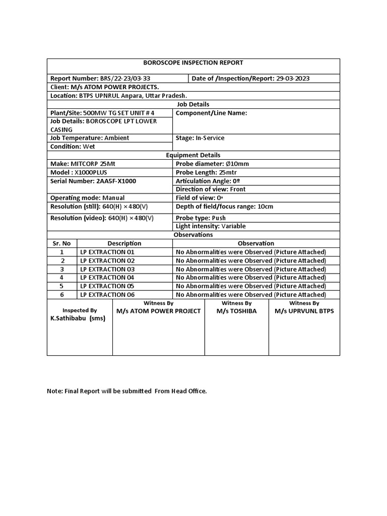 Boroscope Inspection Report for BTPS | PDF | Technology & Engineering