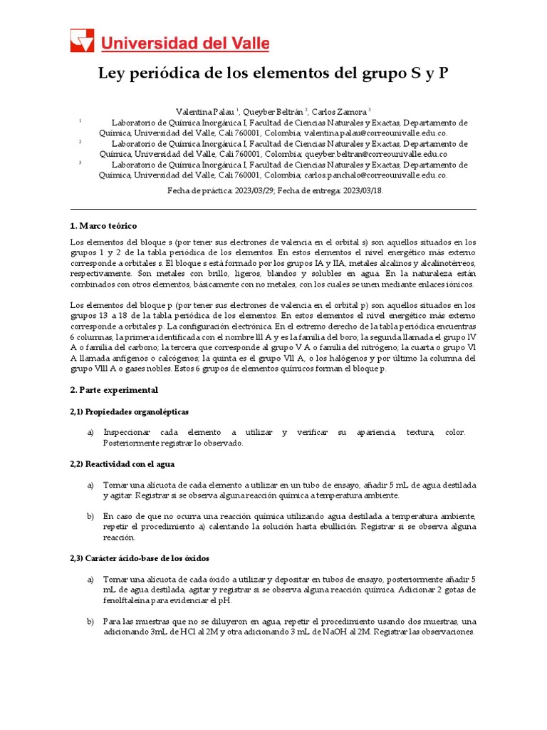 Ley Periodica de Los Elementos Del Grupo S y P | Descargar gratis PDF | Tabla periódica | Química
