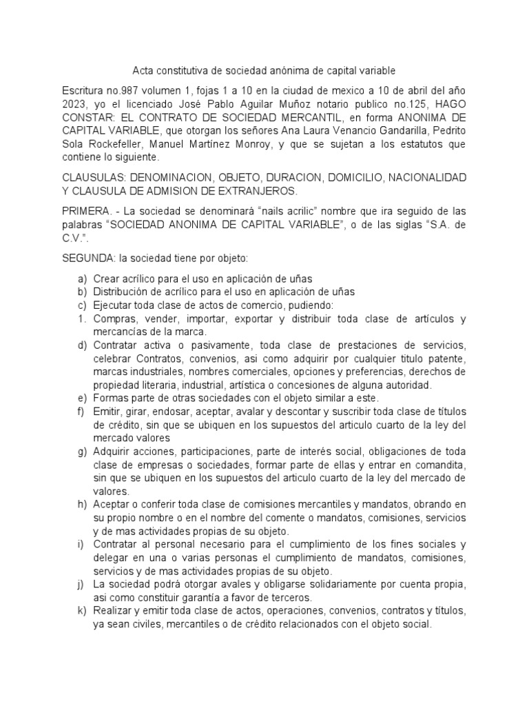 Acta Constitutiva de Sociedad Anónima de Capital Variable | PDF | Sociedad de responsabilidad ...