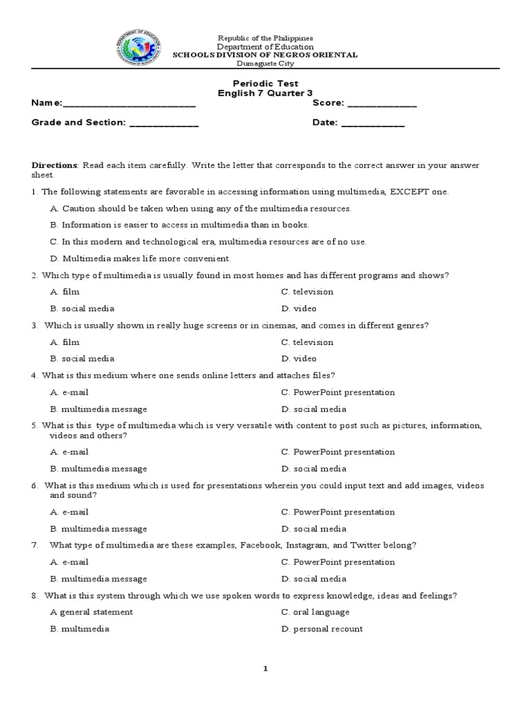 English 7 Quarter 3 | PDF | Multimedia | Question
