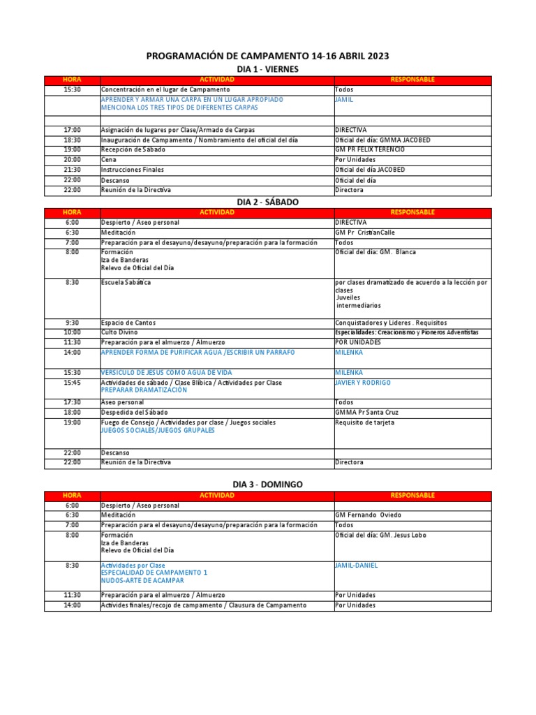 Programa Campamento Abril 2023 | PDF