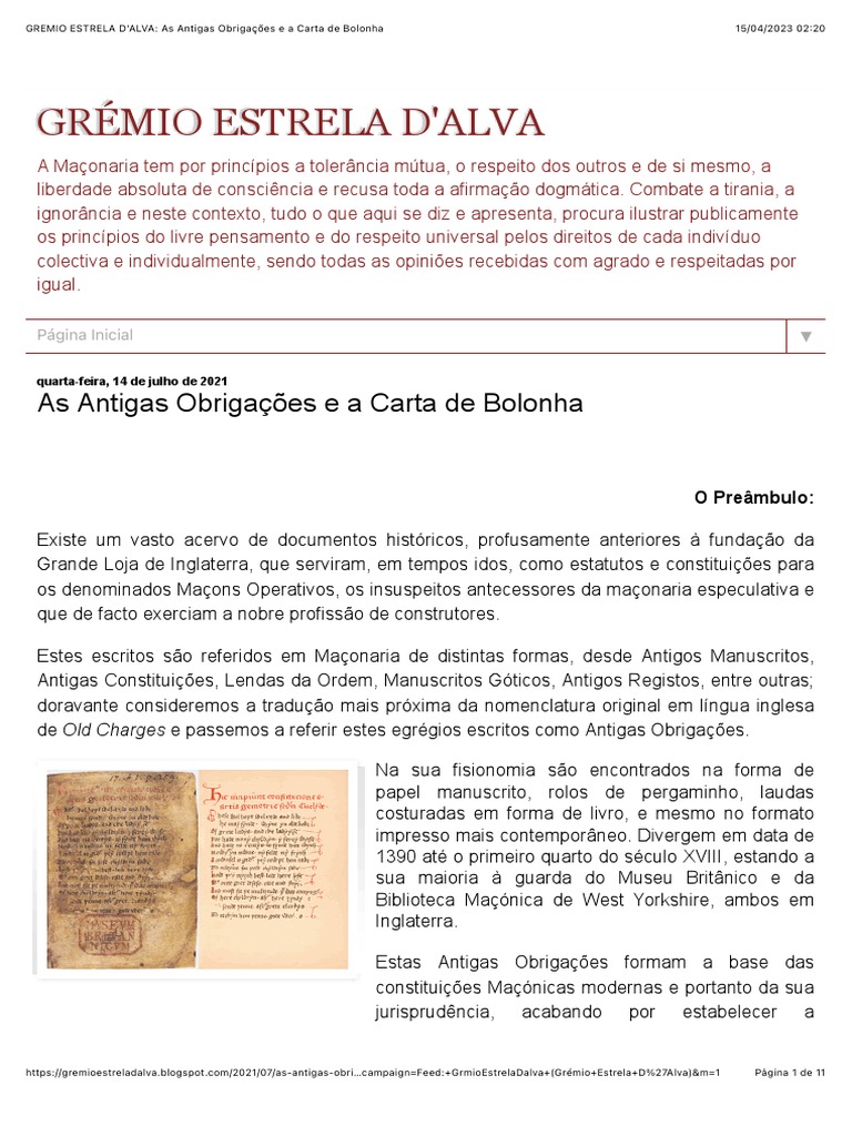 GRÉMIO ESTRELA D'ALVA: As Antigas Obrigações e A Carta de Bolonha | PDF ...