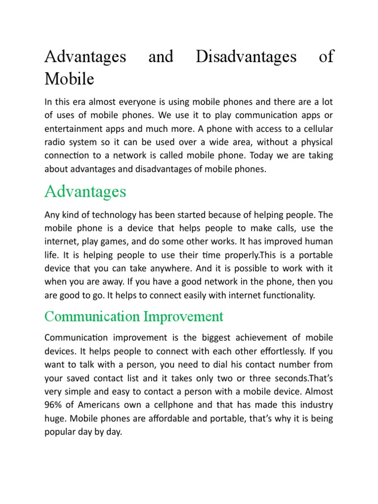Advantages and Disadvantages of Mobile | PDF