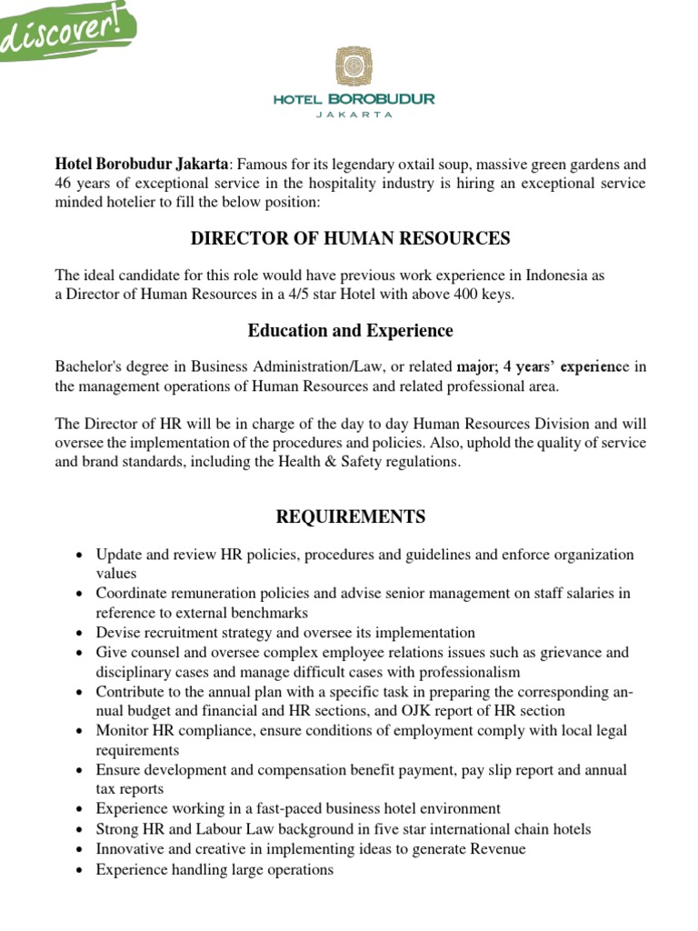 Director of HR Position at Hotel Borobudur | PDF | Human Resources ...