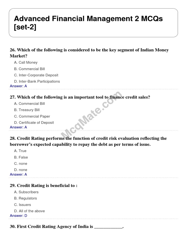 Advanced Financial Management 2 Solved MCQs (Set-2) | PDF | Working ...