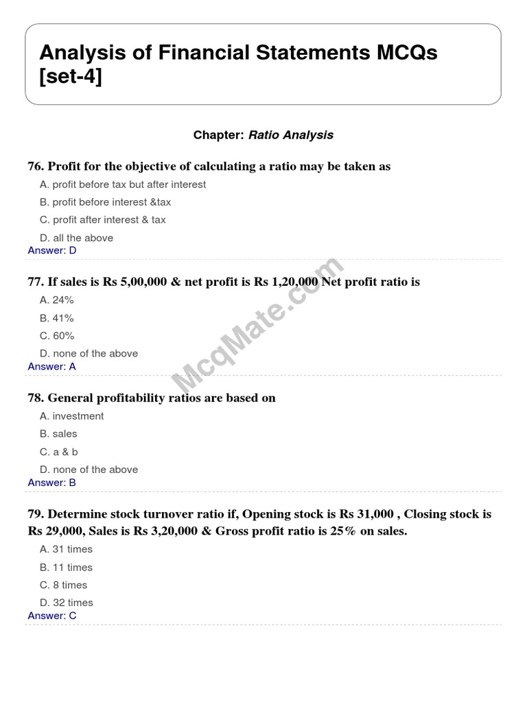 Analysis of Financial Statements Solved MCQs (Set-4) | PDF | Dividend | Revenue