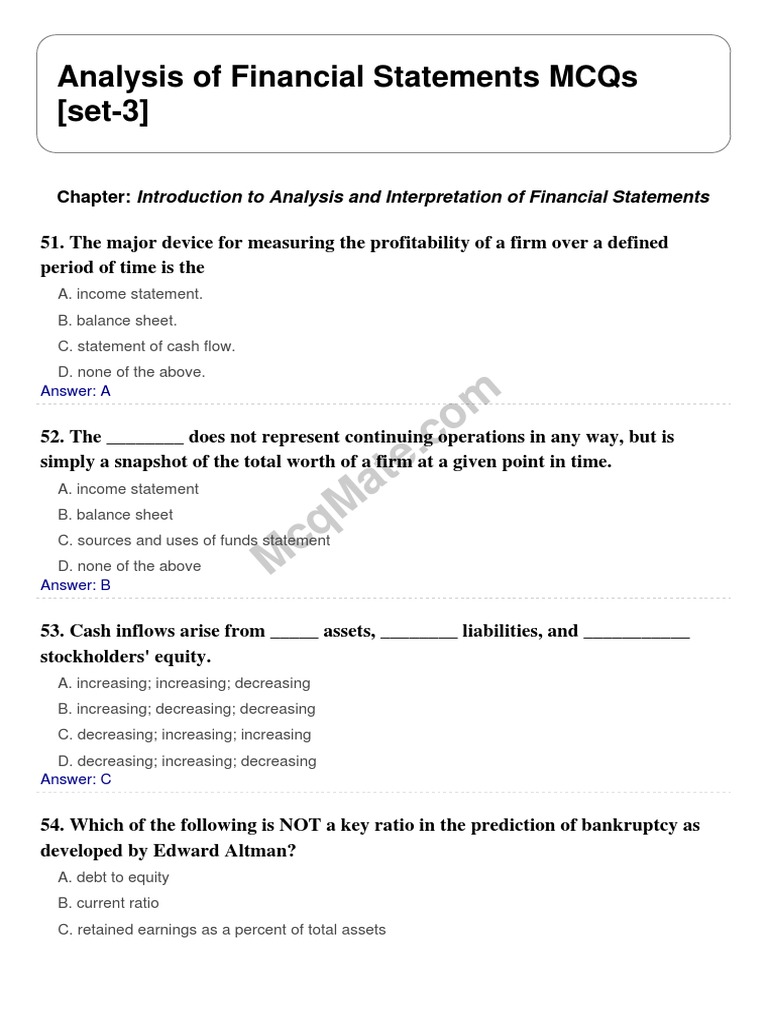 Analysis of Financial Statements Solved MCQs (Set-3) | PDF | Equity ...