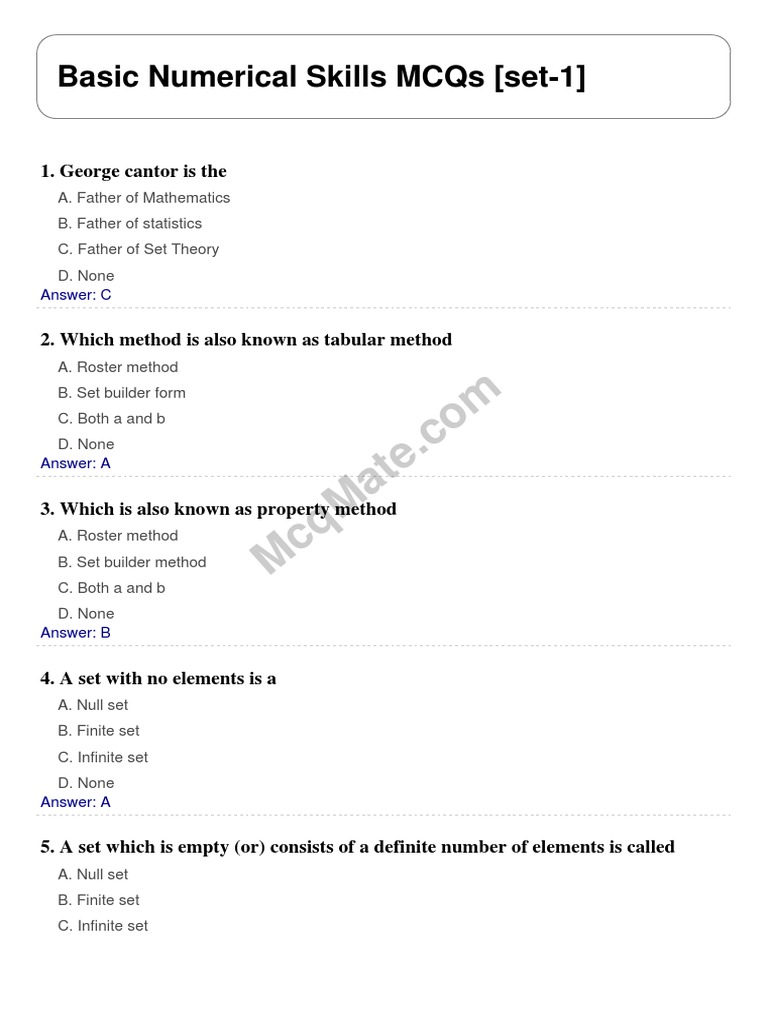 Basic Numerical Skills Solved MCQs (Set-1) | PDF | Matrix (Mathematics) | Set (Mathematics)