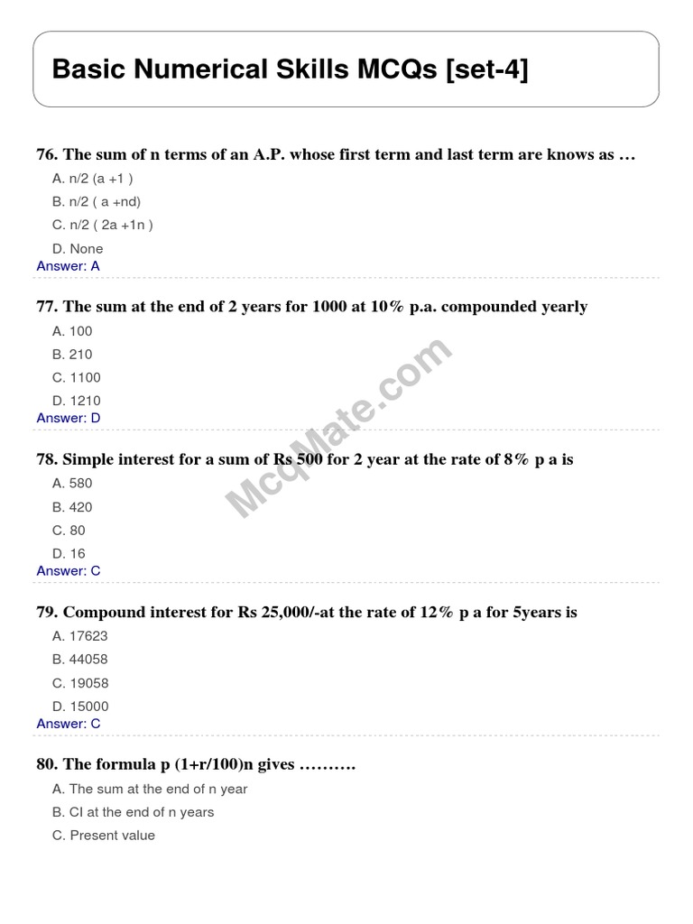 Basic Numerical Skills MCQs Set 4 | PDF | Statistics | Scientific Method