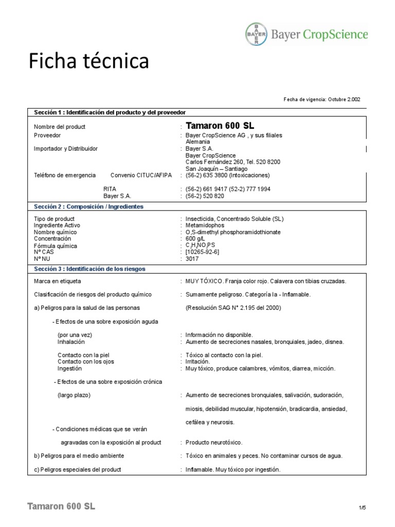 Ficha Técnica: Tamaron 600 SL | PDF | Agua | Toxicidad
