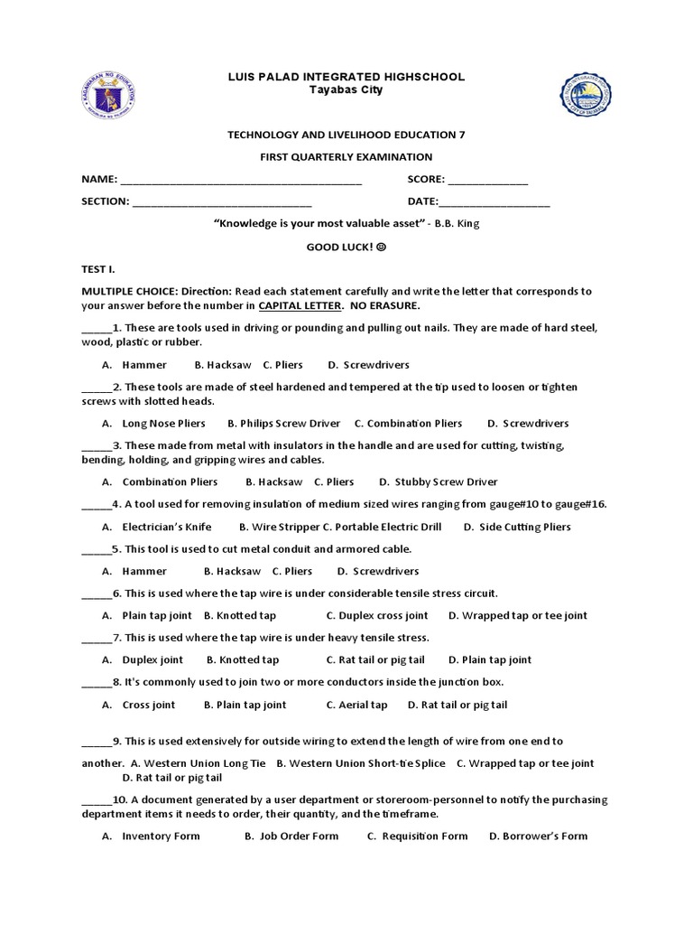 1ST Quarterly Exam in Tle | PDF | Electrical Connector | Electrical Engineering
