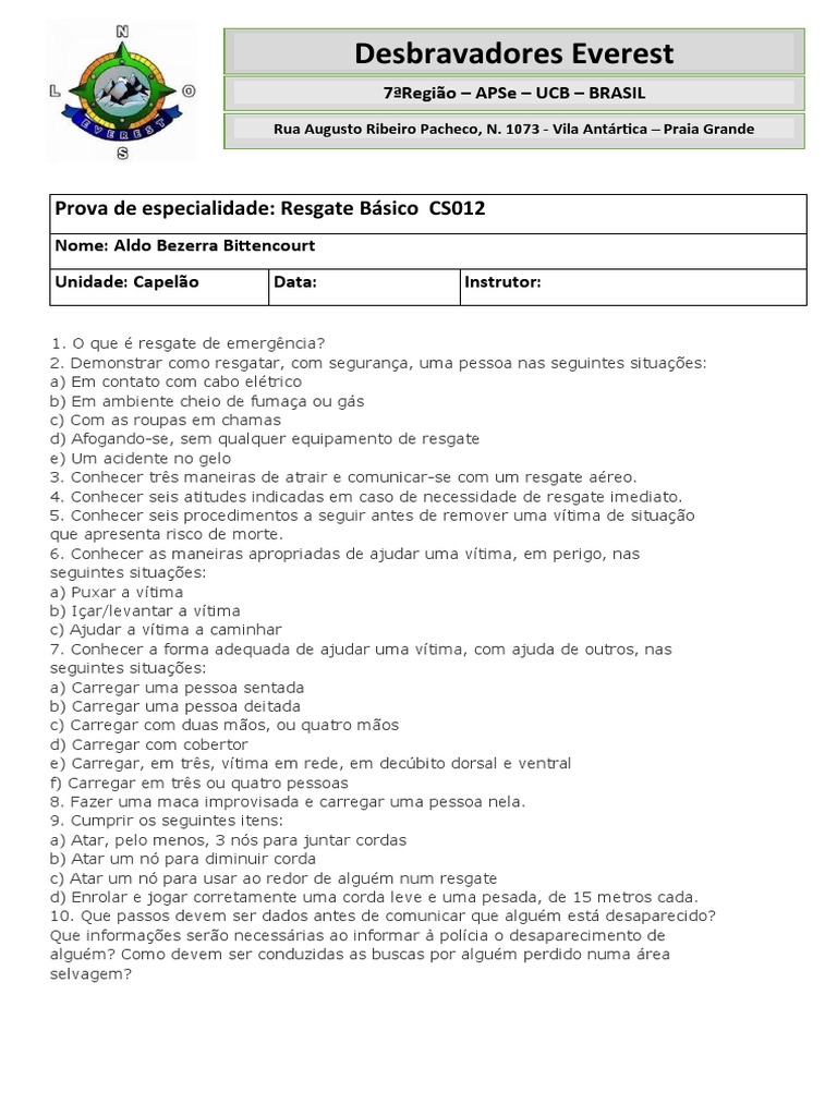 Prova de Especialidade Resgate Básico | PDF