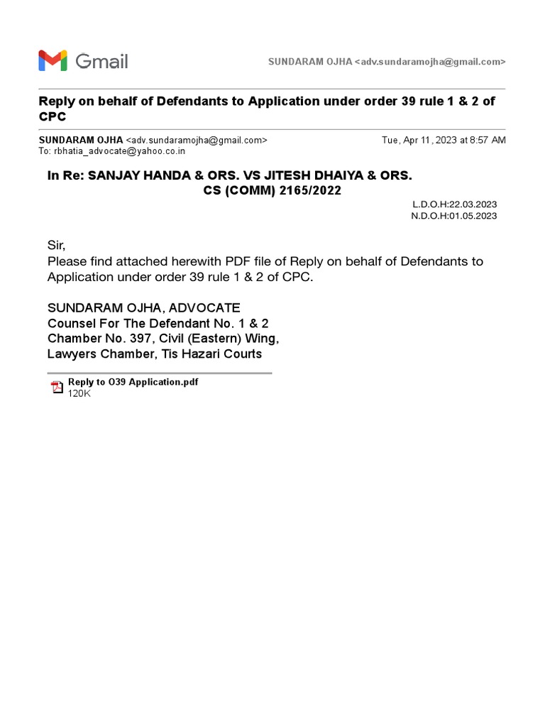 Gmail - Reply On Behalf of Defendants To Application Under Order 39 ...