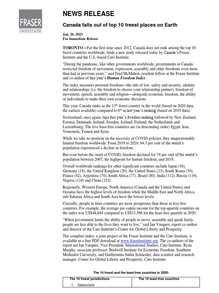 Canada Drops Out of Top 10 Freedoms | PDF | Cato Institute | The United ...