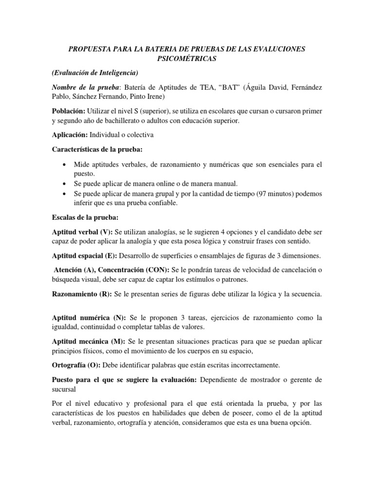 Propuesta para La Bateria de Pruebas de Las Evaluciones Psicométricas | PDF | Gestión de ...