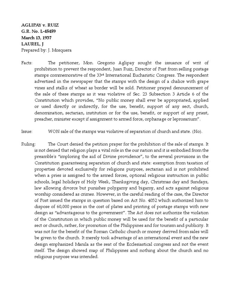 Aglipay V Ruiz Digest Consti2 | PDF | Separation Of Church And State ...