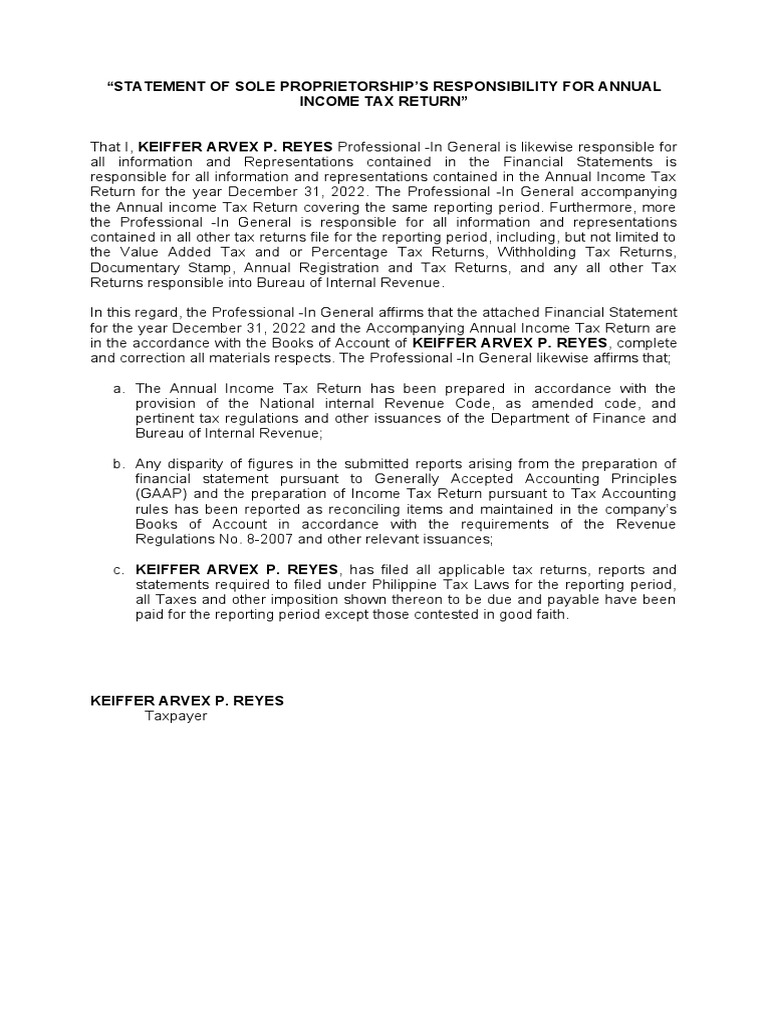 Statement of Responsibility: A Sole Proprietor Affirms Accuracy and ...