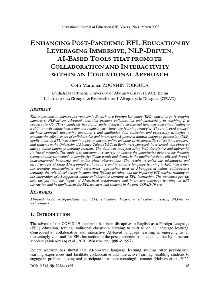 Enhancing Post-Pandemic Efl Education by Leveraging Immersive, Nlp-Driven, Ai-Based Tools That ...