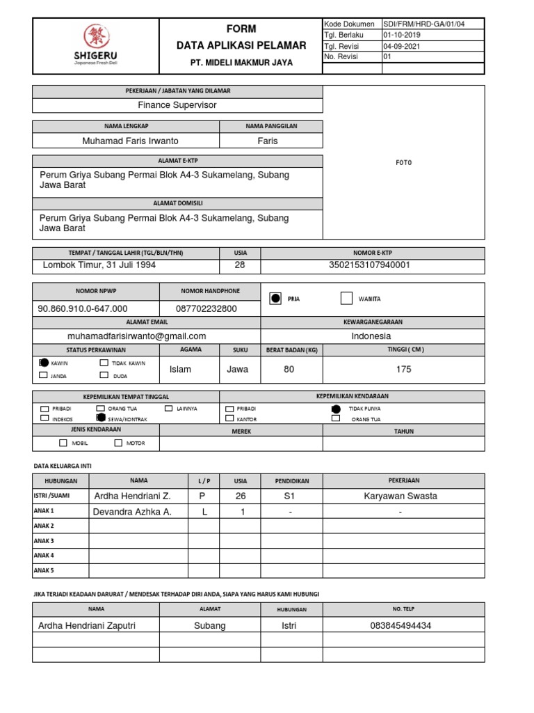 Data Aplikasi Pelamar Form: Pt. Mideli Makmur Jaya | PDF