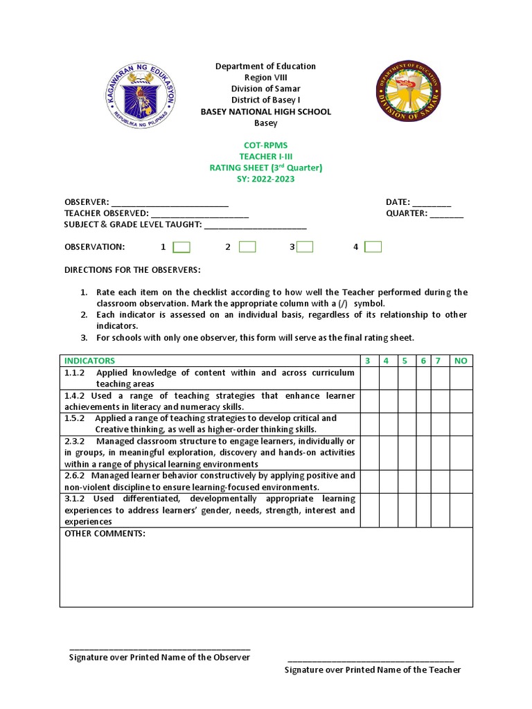 New Cot Form T I Iii | Download Free PDF | Teachers | Learning