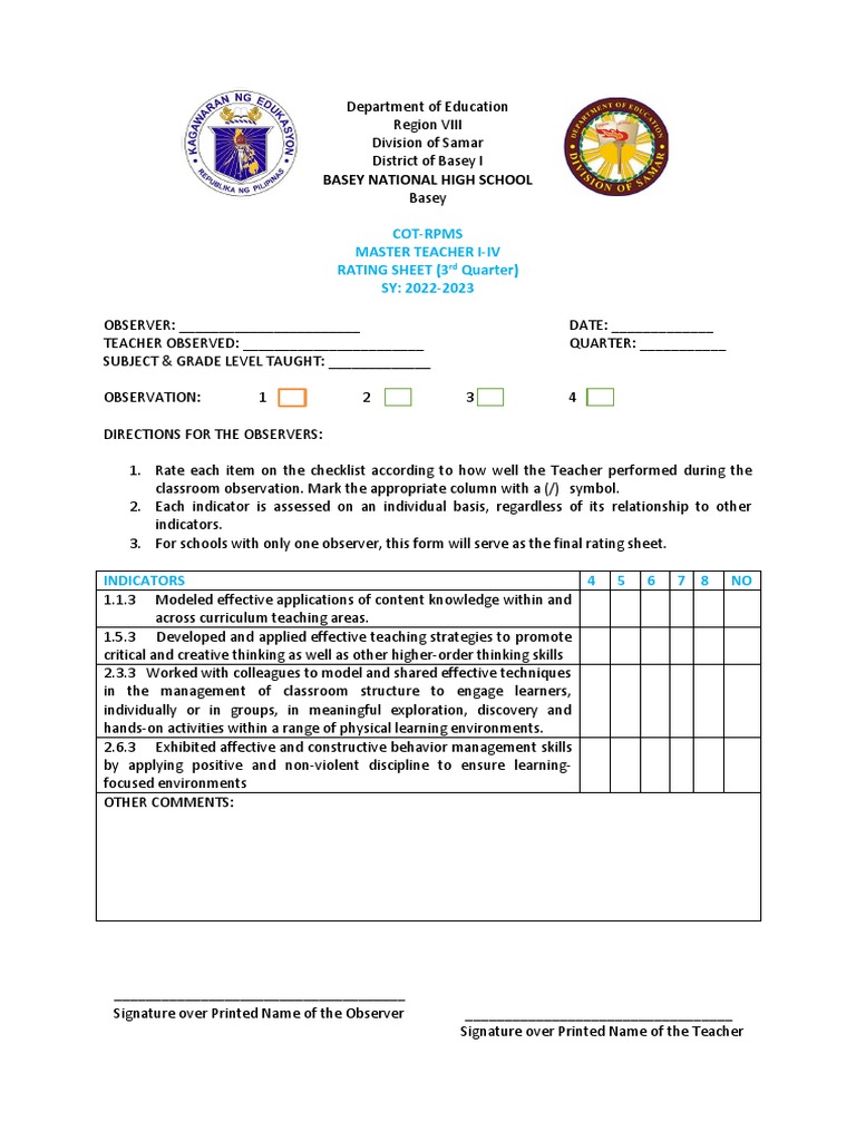 New Cot Form MT I Iv | Download Free PDF | Teachers | Learning