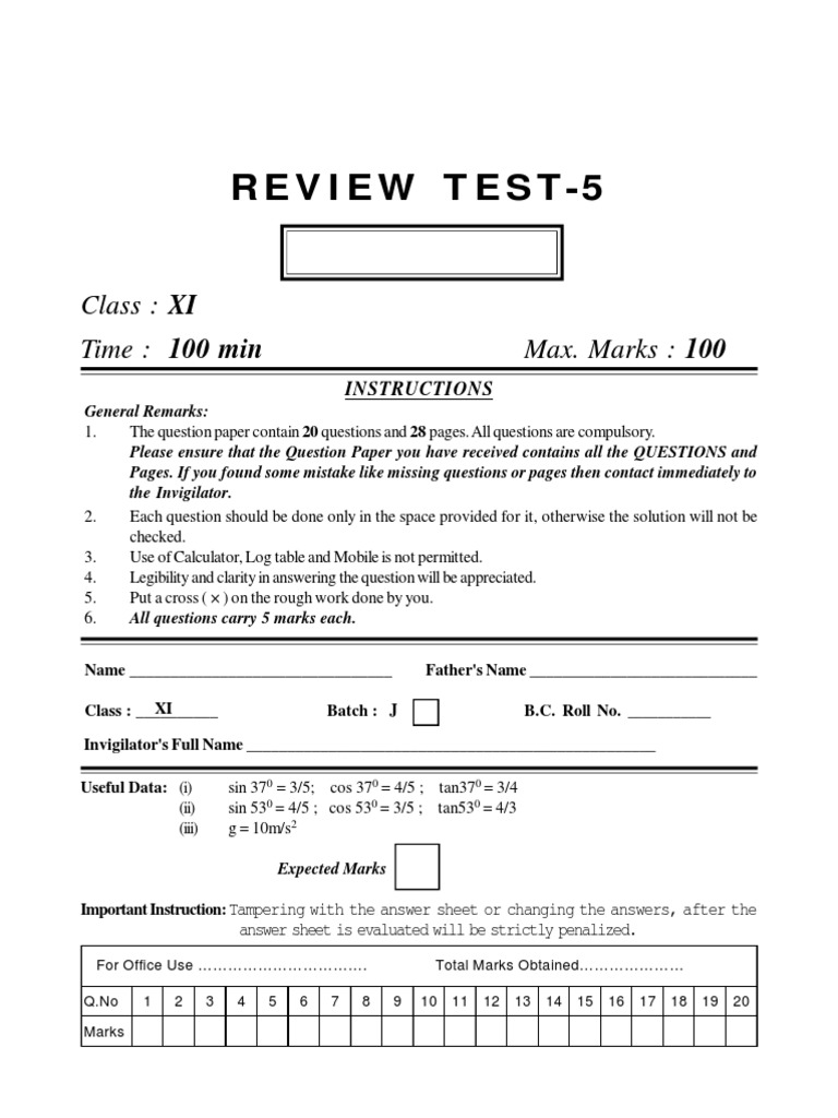 Class XI Physics Review Test | PDF | Force | Collision