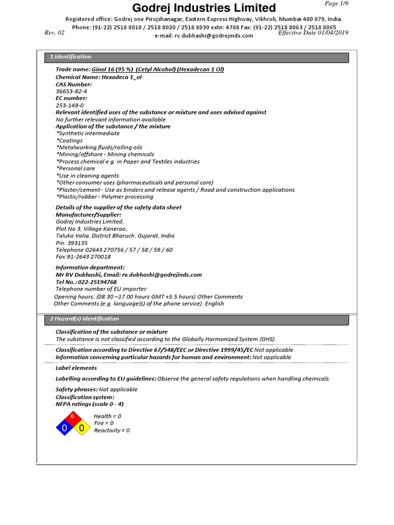 MSDS-Ginol 16 95% - Dated-01042019 | PDF | Dangerous Goods | Toxicity