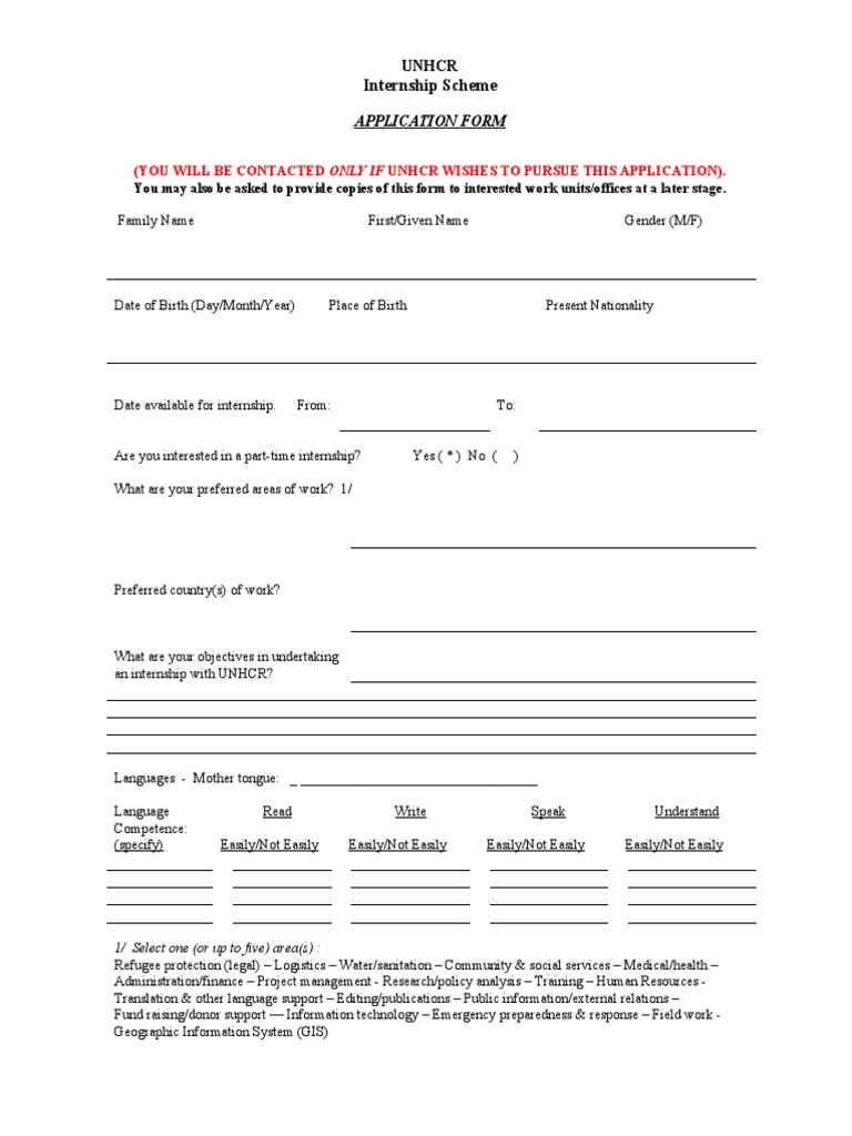 Application for an Internship with the UN Refugee Agency (UNHCR) | PDF ...