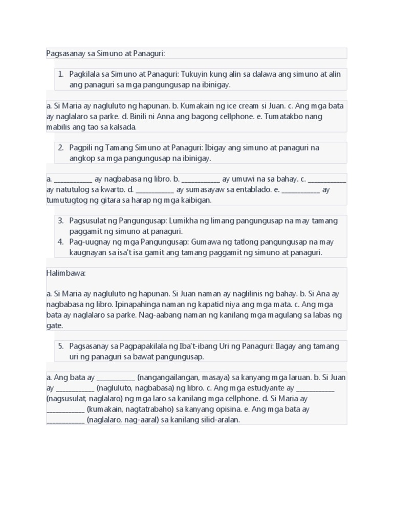 Pagsasanay Sa Simuno at Panaguri | PDF