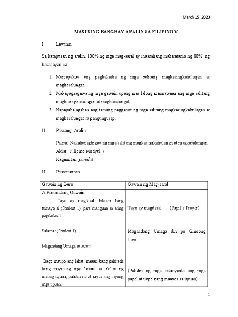 MDL 7 - FIL - Magkasingkahulugan at Magkasalungat - Mausuing Banghay Aralin | PDF