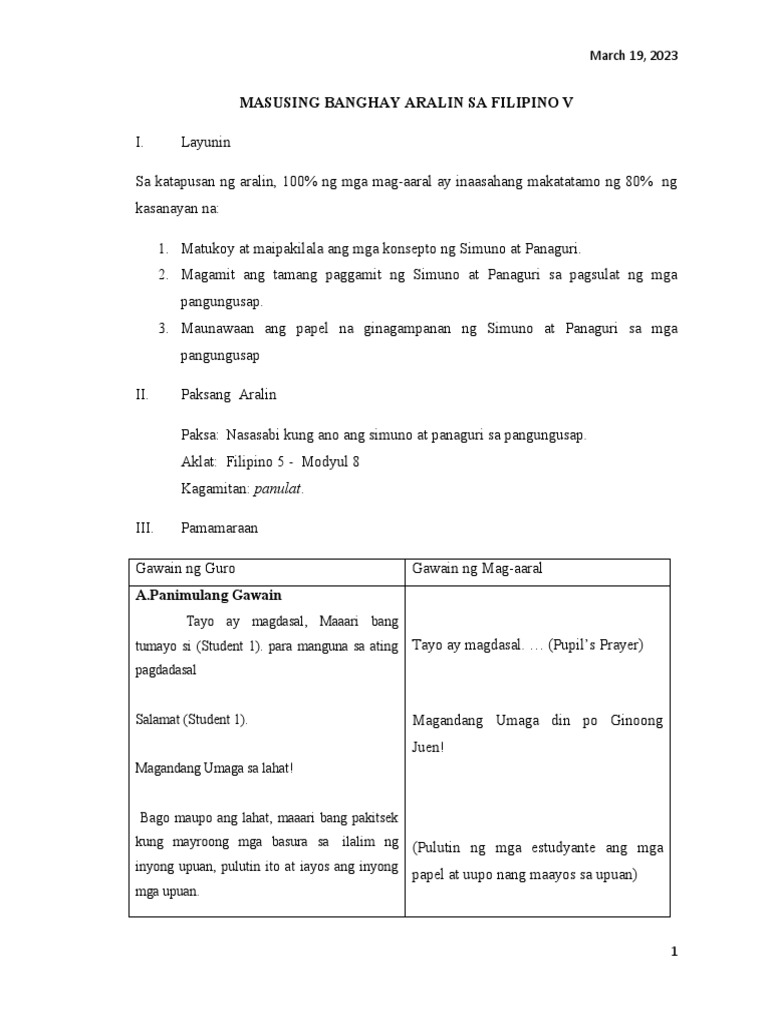 MDL 8 - FIL - Simuno at Panaguri - Mausuing Banghay Aralin | PDF