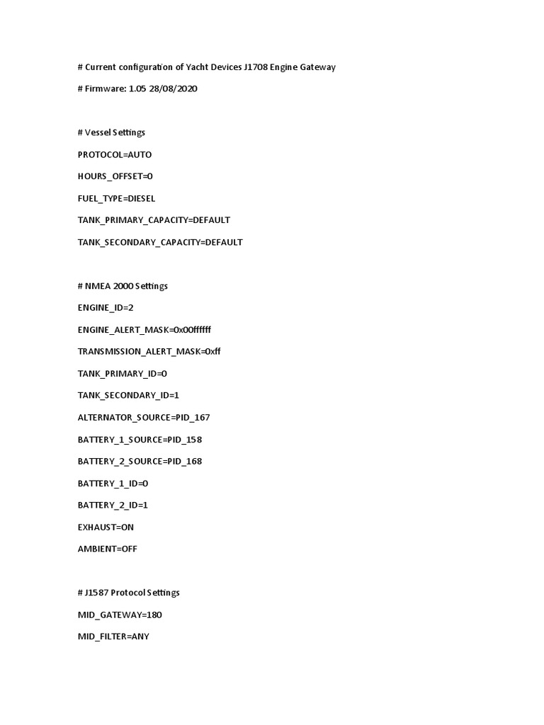 Current Configuration of Yacht Devices J1708 Engine Gateway | PDF
