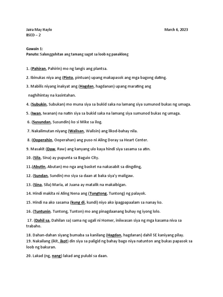 Gawain 1: Panuto: Salungguhitan Ang Tamang Sagot Sa Loob NG Panaklong | PDF