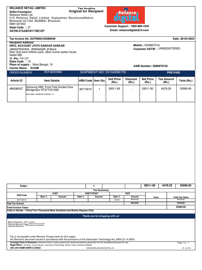 Samsung Refrigerator Tax Invoice | PDF | Invoice | Trade