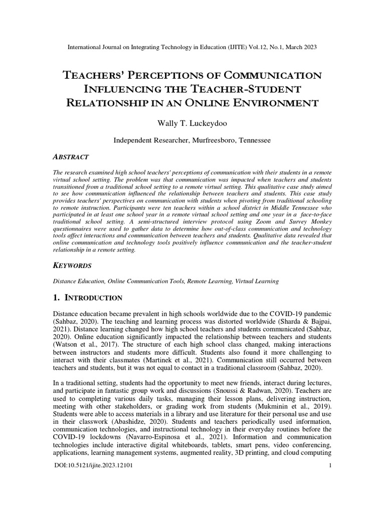 Teachers' Perceptions of Communication Influencing The Teacher-Student Relationship in An Online ...