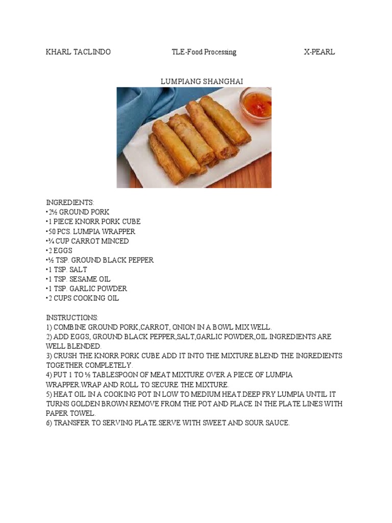 Lumpiang Shanghai Recipe and Ingredients | PDF