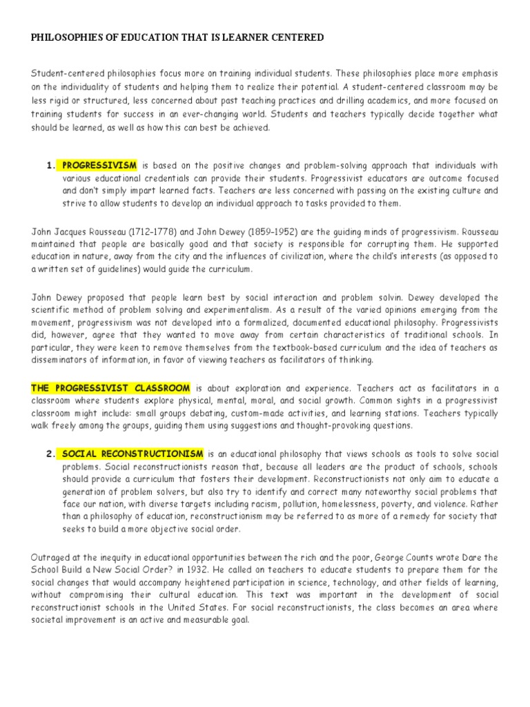 Philosophies of Education That Is Learner Centered | PDF ...