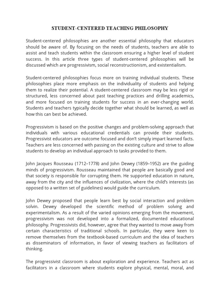 Student Centered Teaching Philosophies | PDF | Teachers | Cognition