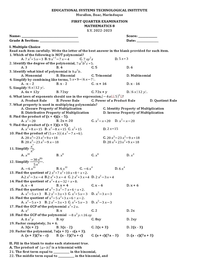 First Quarter Exam Grade 8 Math | PDF | Elementary Mathematics ...